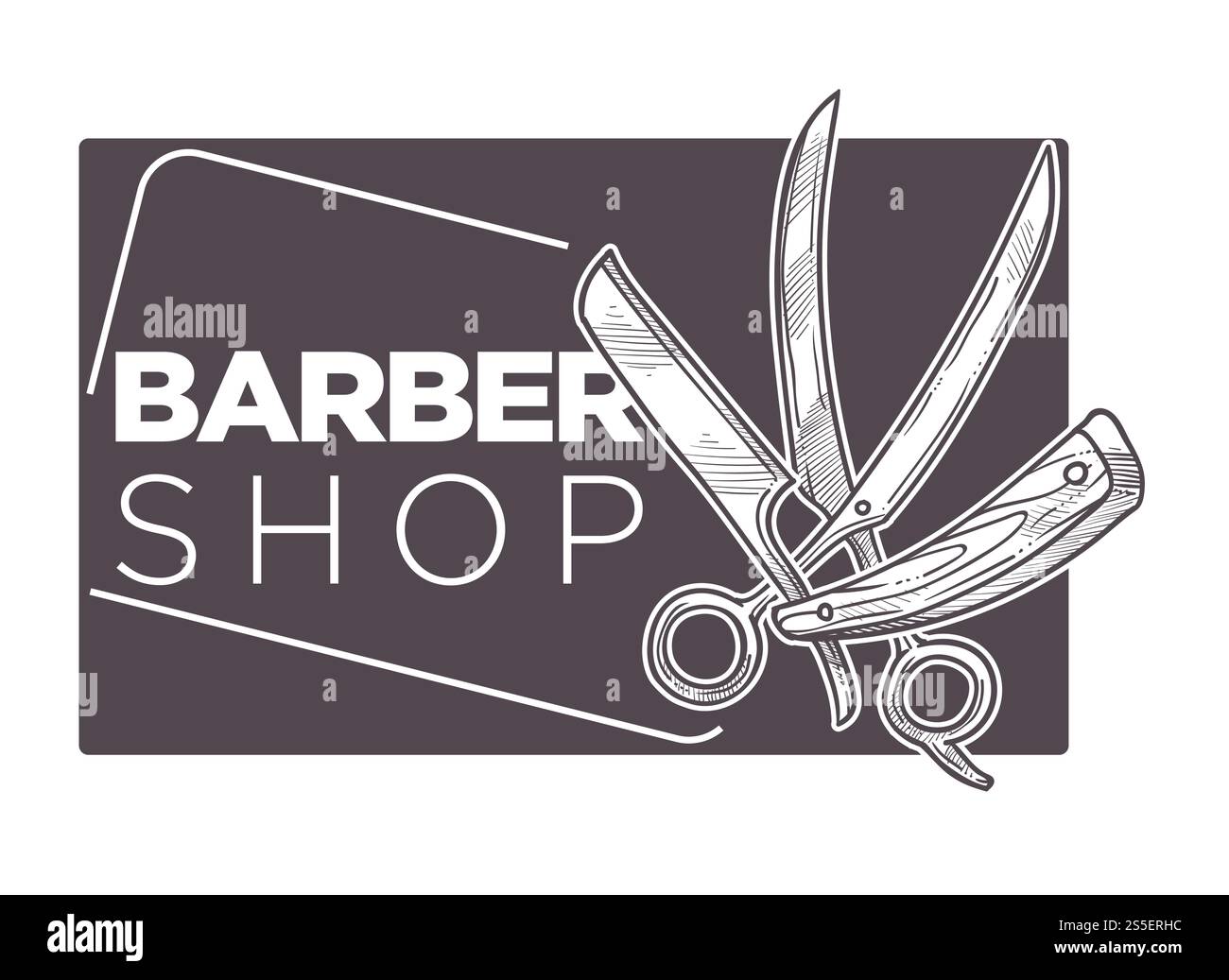 Barber shop label, isolated monochrome sketch outline service for men ...