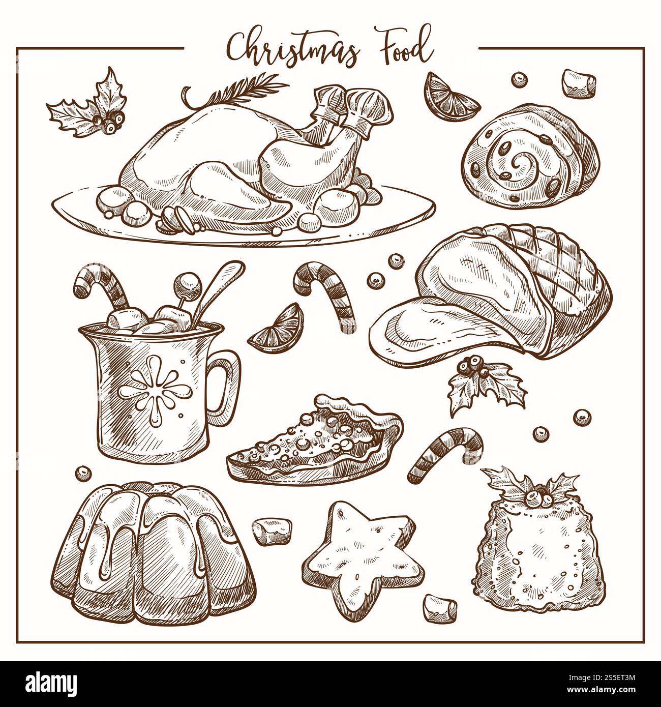 Christmas traditional dinner menu vector sketch illustration set of ...