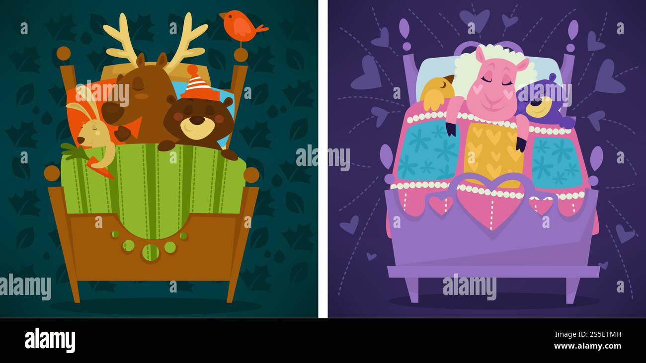 Animals sleeping in bed fairytale pets asleep set vector. Reindeer with ...