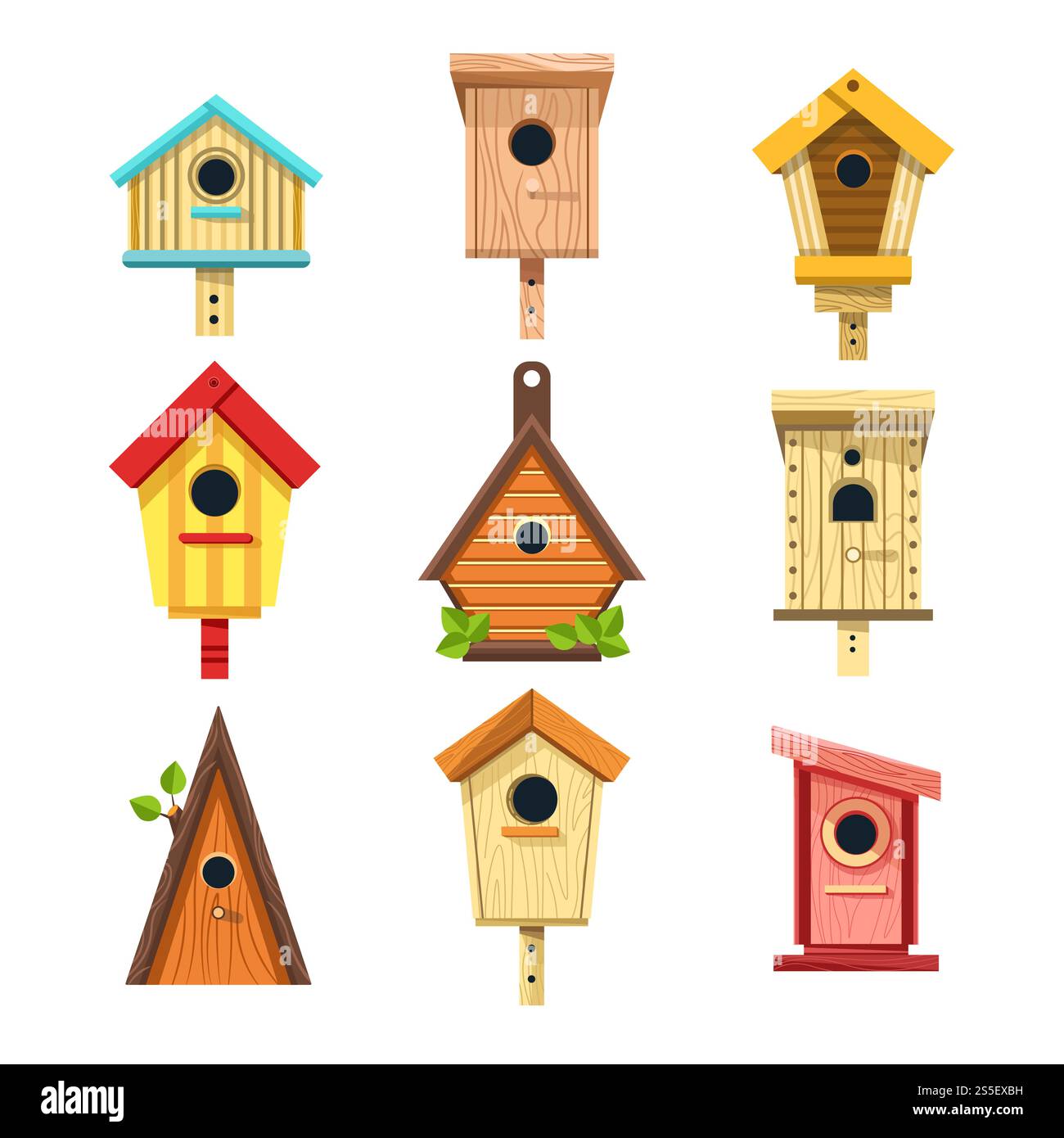Wooden birdhouses isolated icons nesting boxes to hang on tree ...