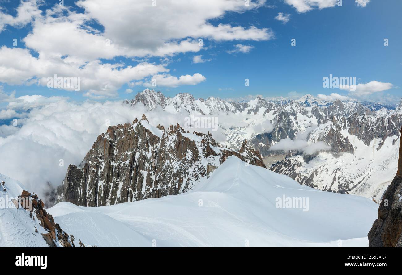 Mont Blanc rocky mountain massif summer view from Aiguille du Midi Mount, Chamonix, French Alps ...