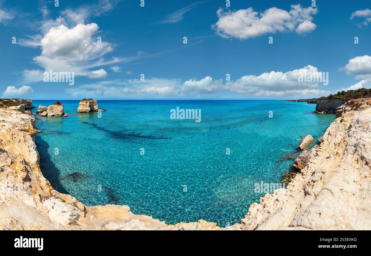 Picturesque seascape with white rocky cliffs, sea bay, islets and ...