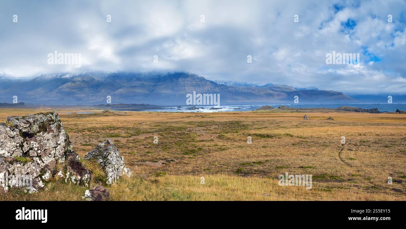 View during auto trip in Iceland. Spectacular Icelandic landscape with ...