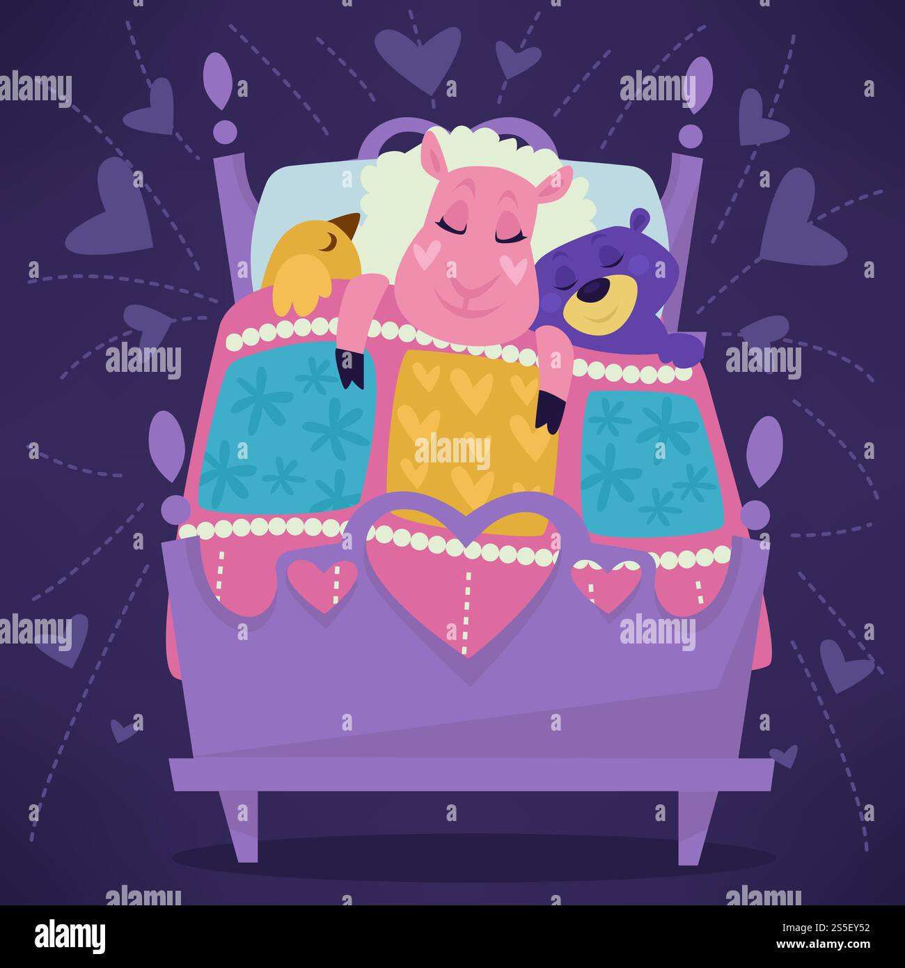 Animals sleeping in bed fairytale pets asleep set vector. Calm mammals ...