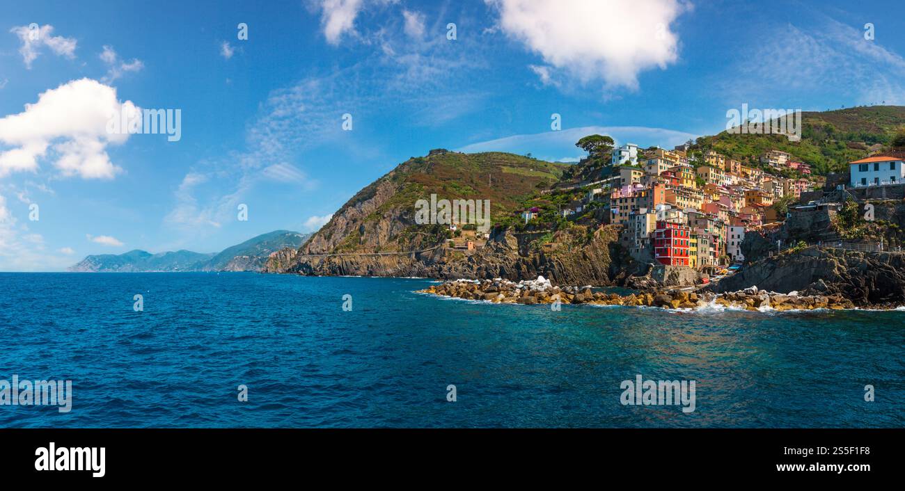 Beautiful summer Manarola coast view from excursion ship. One of five ...