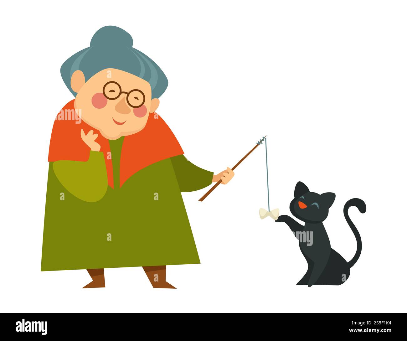 Smiling granny, old lady playing with her cat, holding a teaser toy ...