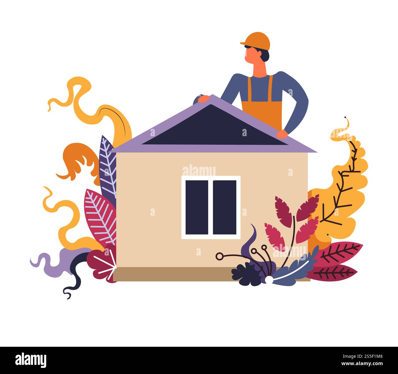 Builder man finishing building process of construction home vector ...