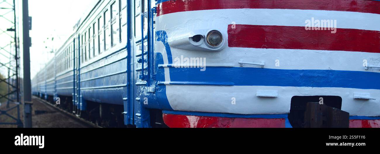 Suburban electric train. Old soviet electric train with outdated design ...