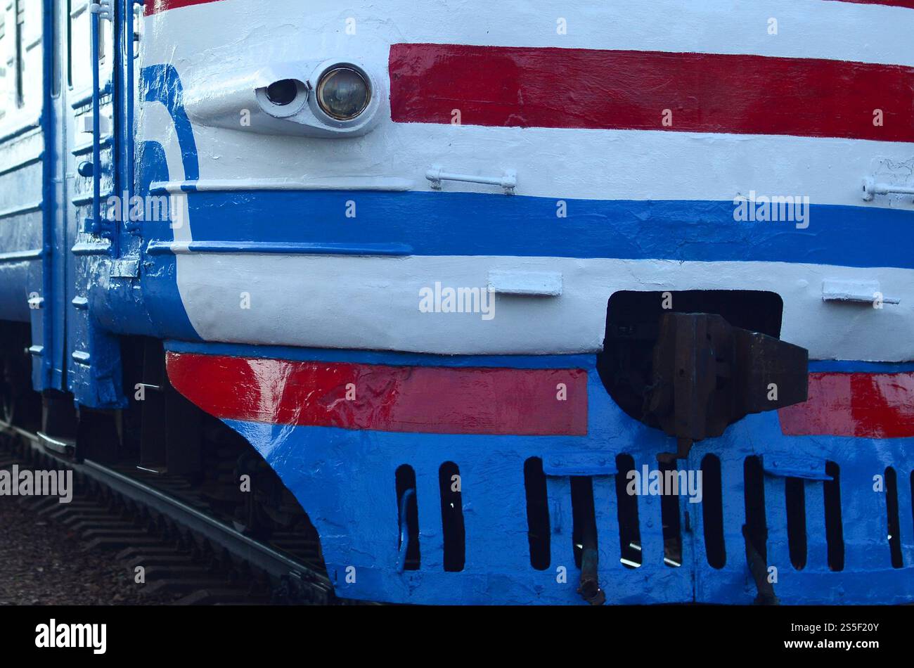 Suburban electric train. Old soviet electric train with outdated design ...