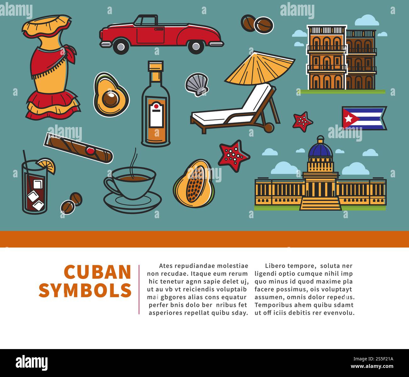 Cuba travel poster with information on Cuban culture famous symbols and ...