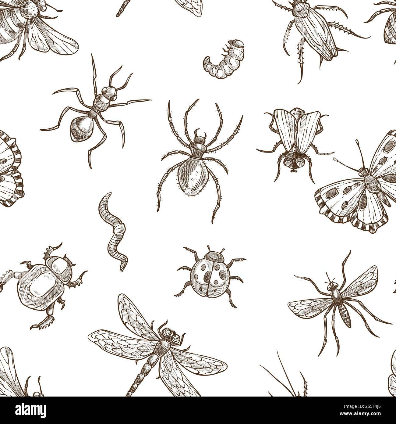 Insects that fly and creep monochrome sepia sketches seamless pattern ...