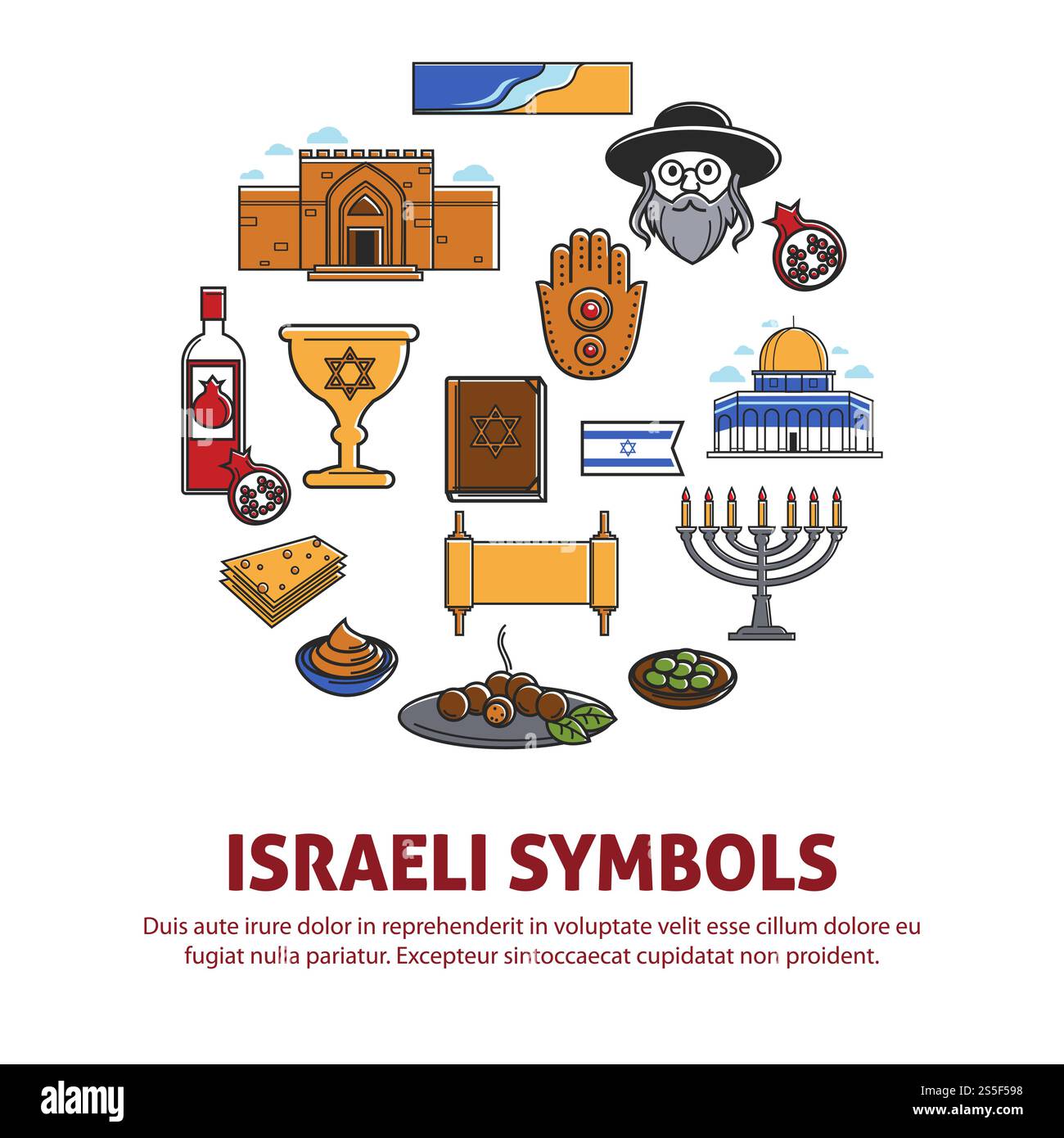 Israel travel landmarks and culture symbols. Vector poster of Israel ...