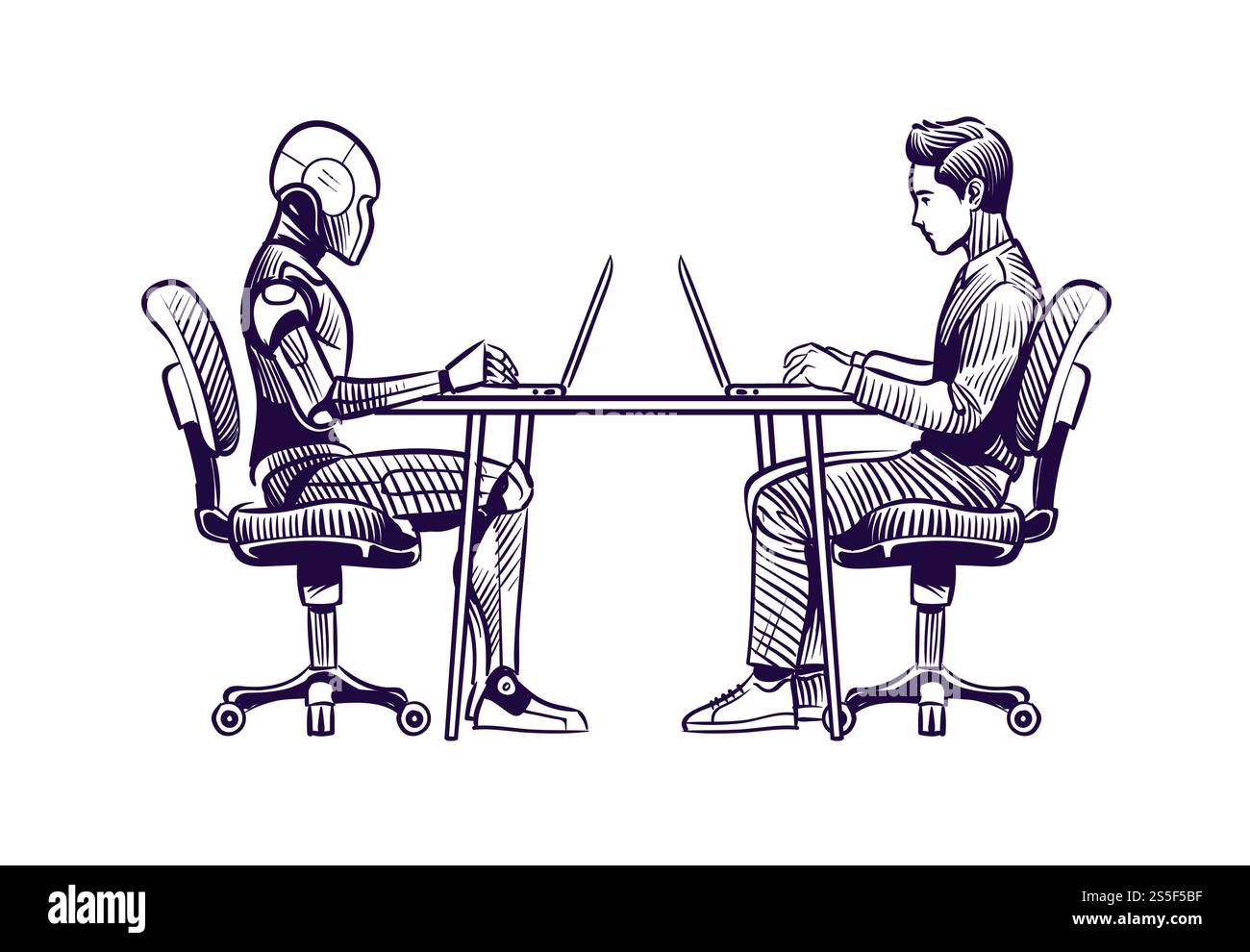 Robot vs man. Human humanoid robot work with laptops at desk ...