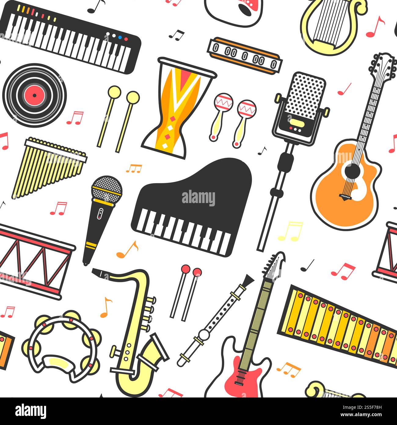 Musical instruments flat icons seamless pattern. Vector isolated set of ...