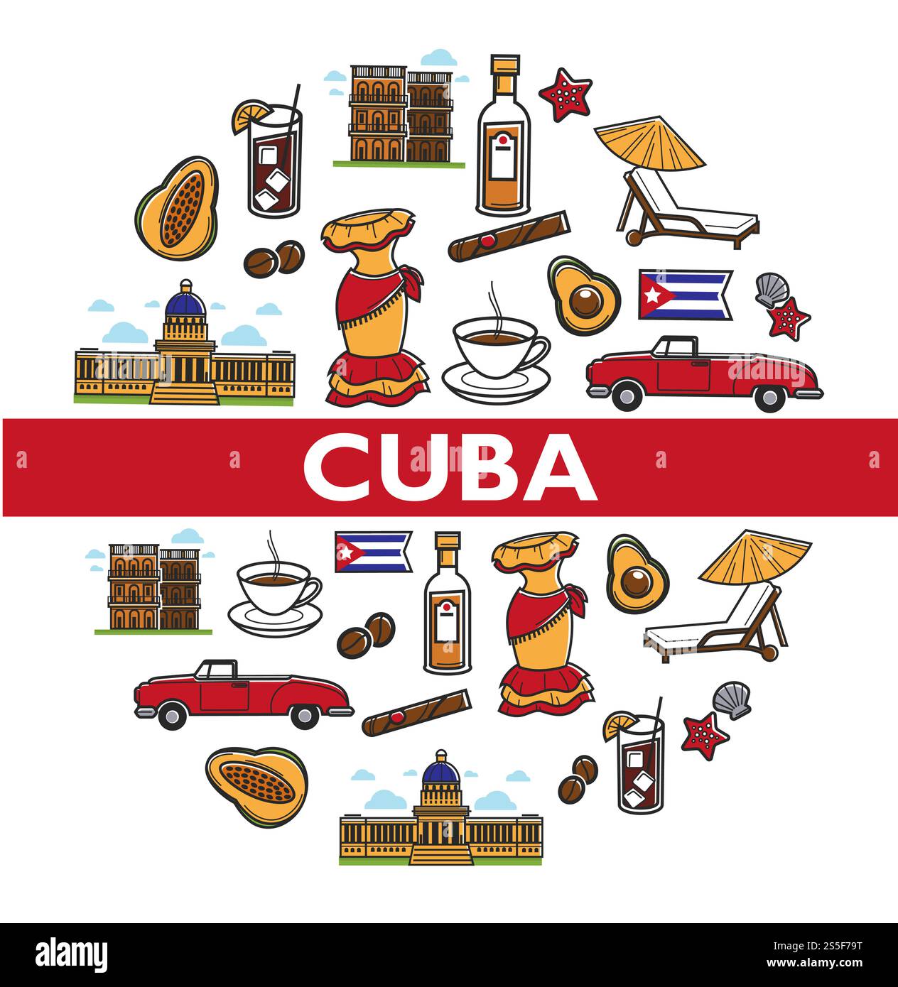 Travel to Cuba promo poster with national symbols. Architectural ...