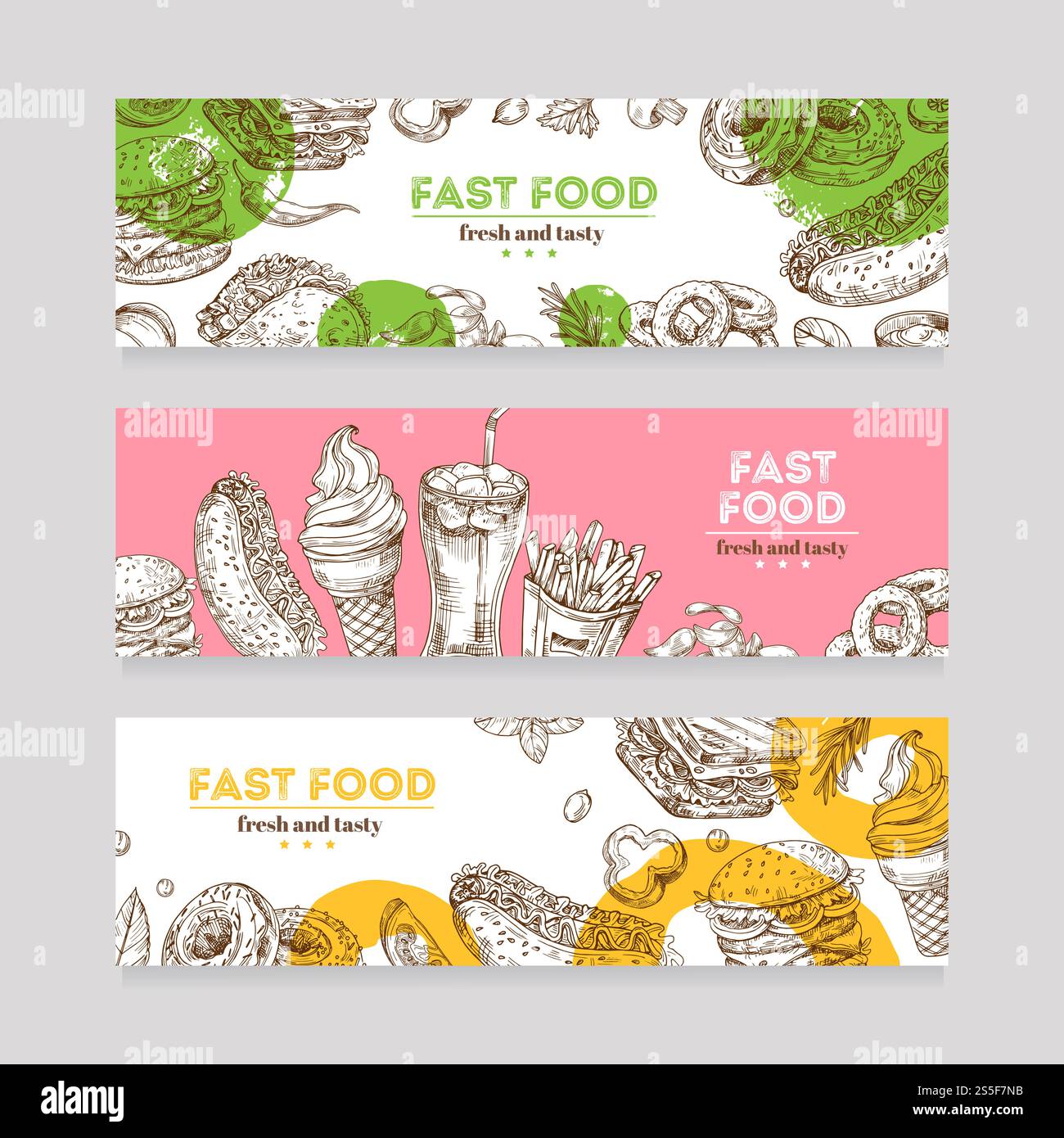 Fast food banners. Sketch burger, pizza, and snack, sandwich, ice cream ...
