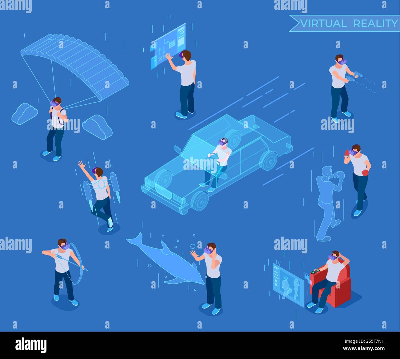 People in virtual reality. Man in headset, vr simulation equipment. 3d ...