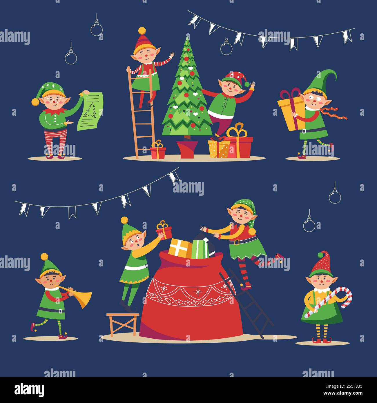 Christmas winter holiday, elves getting ready for holiday vector ...