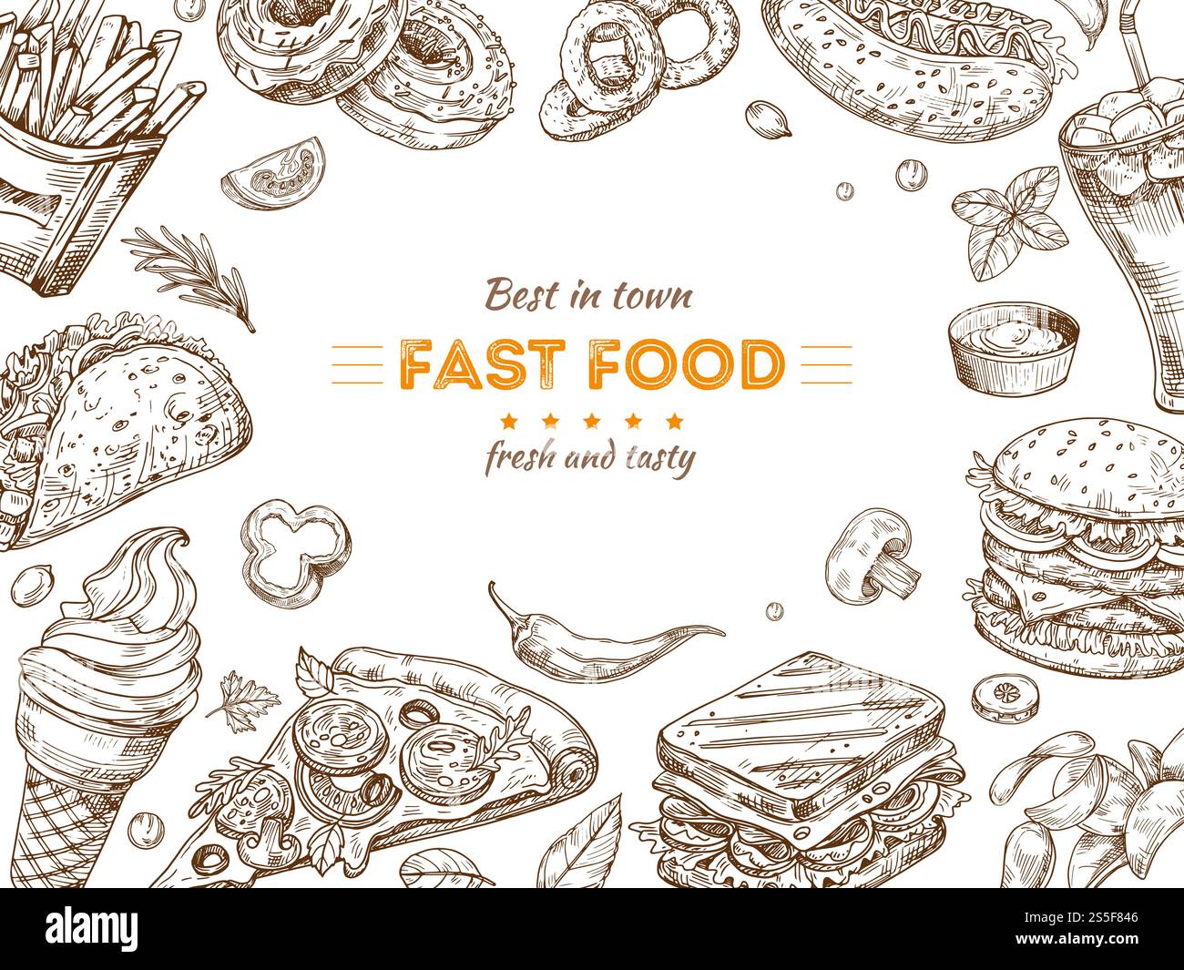 Fast food background. Sketch drawing hamburger, cola snacks. Doodle ice cream, pizza and ...