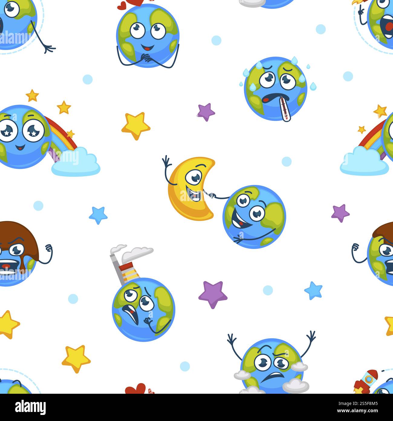Earth planet expressing emotions emojis seamless pattern vector. Angry ...