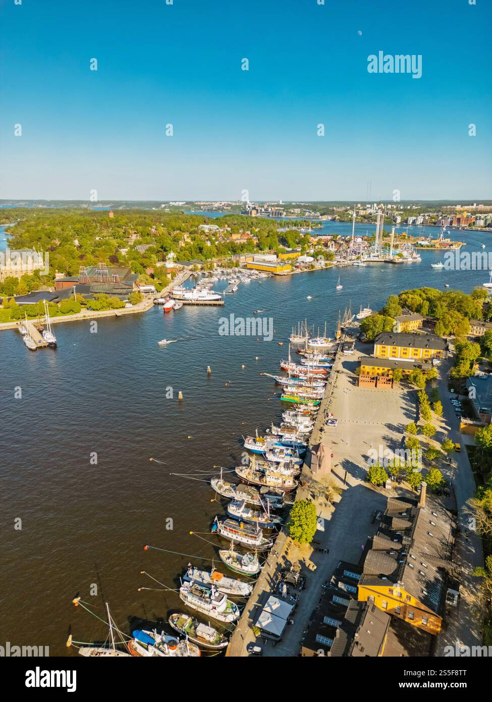 Aerial view of a Skeppsholmen port with boats docked along the ...