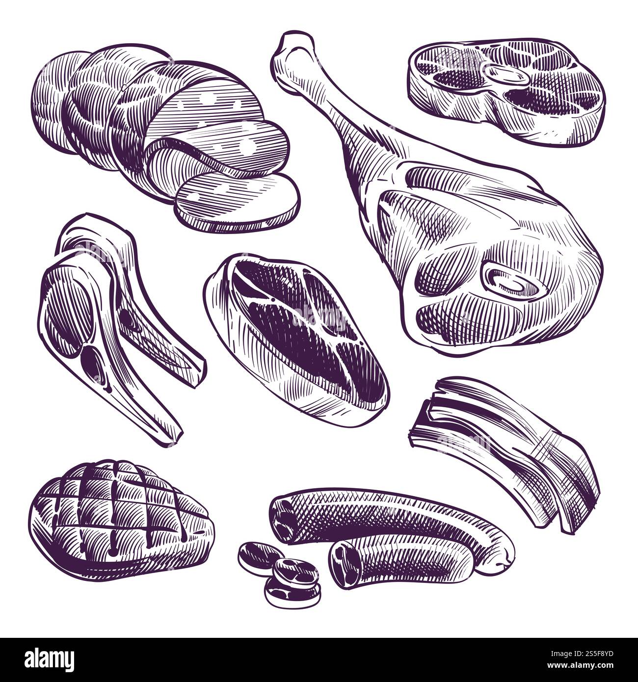 Hand drawn meat. Steak, beef and pork, lamb grill meat and sausage ...