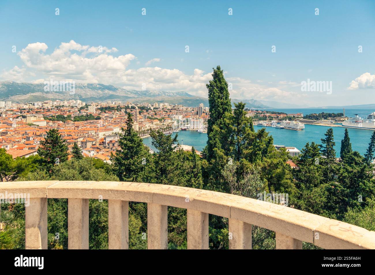 Panoramic view of a coastal town of Split with terracotta rooftops, a ...