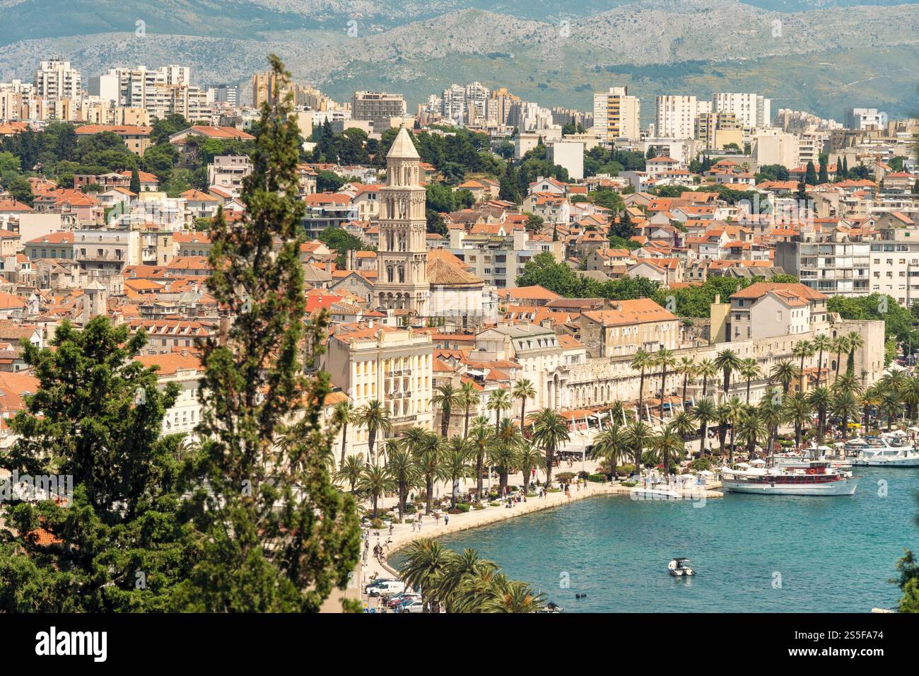 Aerial view of a coastal city of Split with historic buildings and the ...