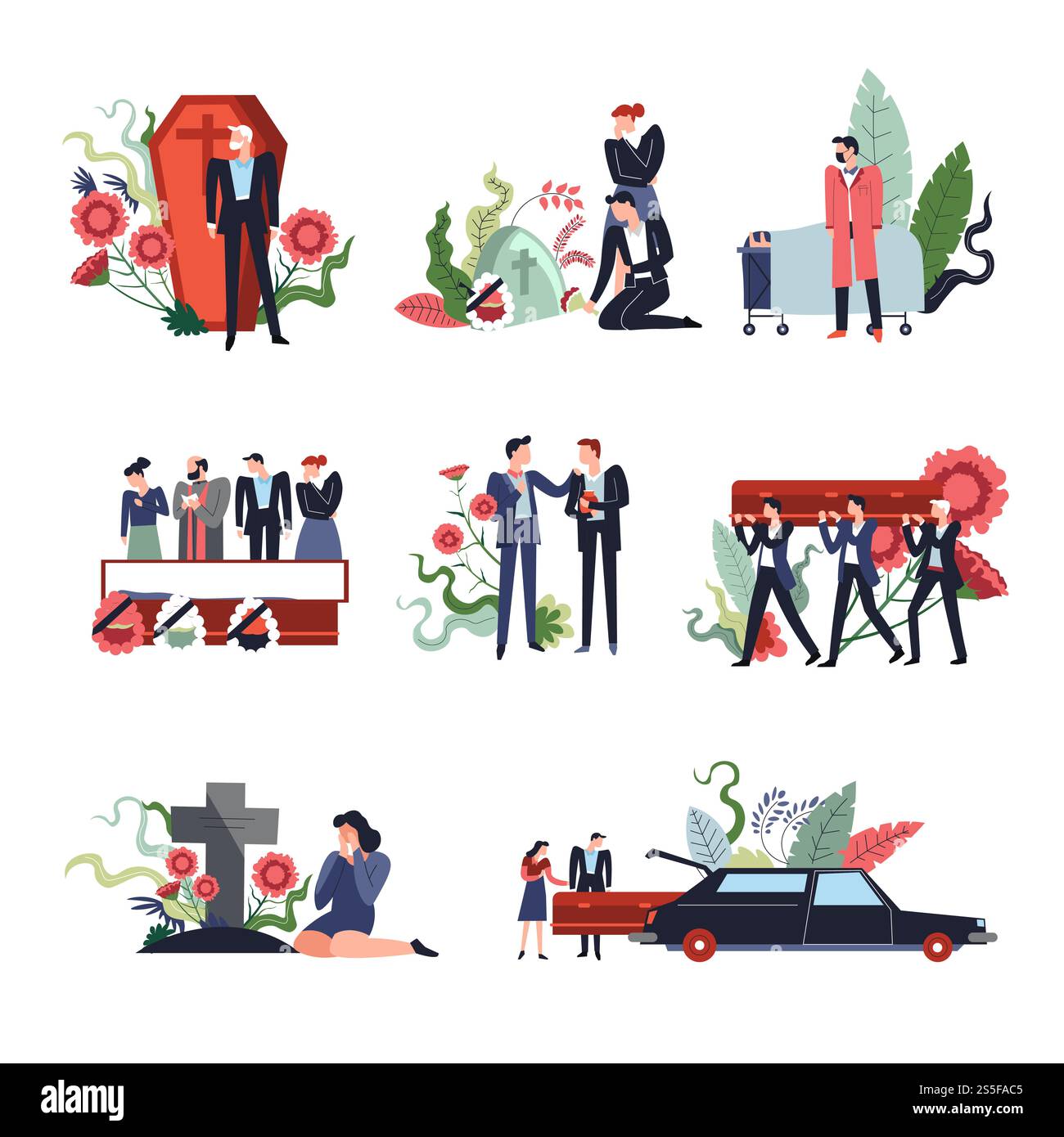 Funeral ceremony people sad grieving for deceased person in coffin ...