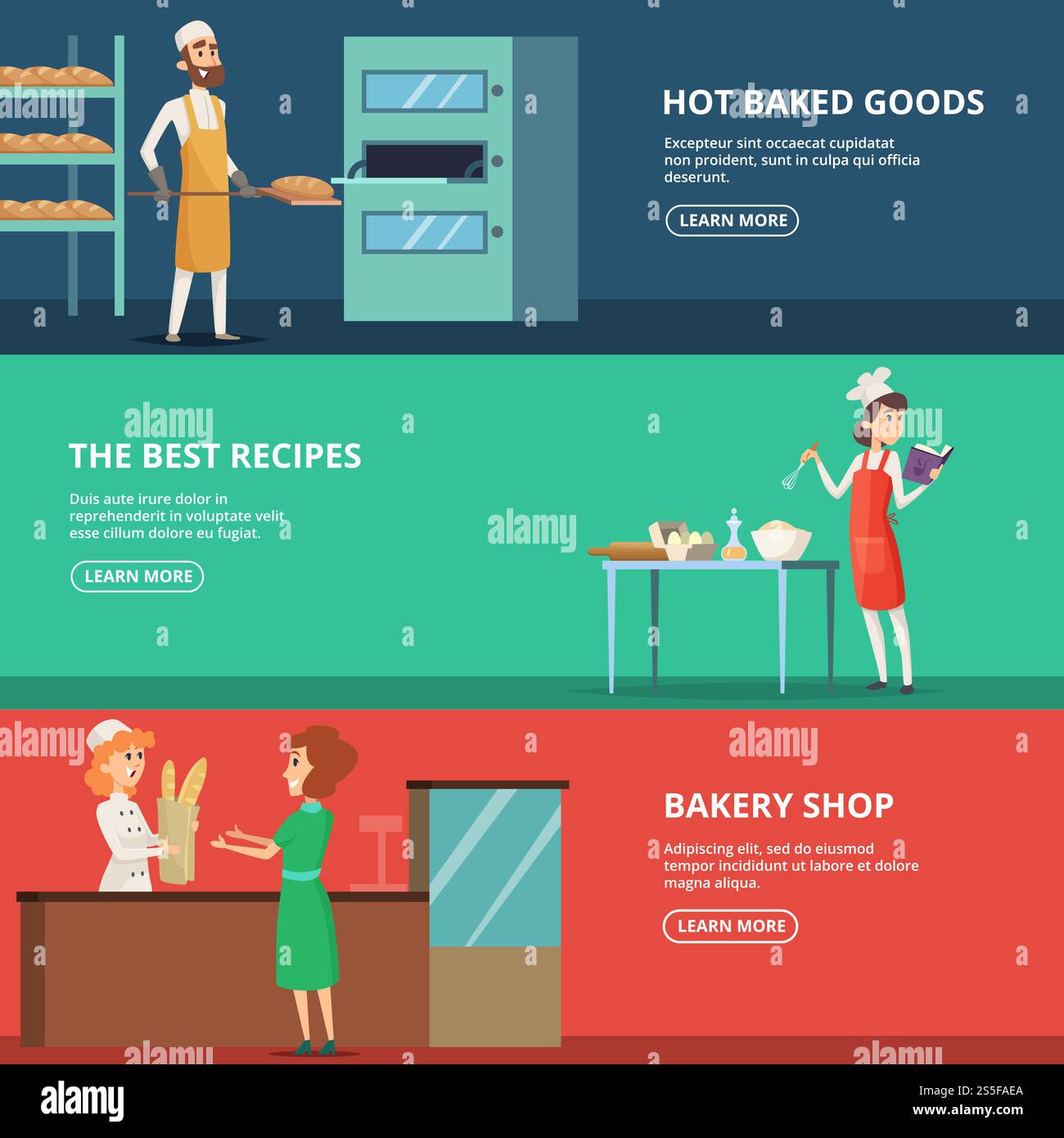 Horizontal banners of various characters bakers at work. Baker job ...