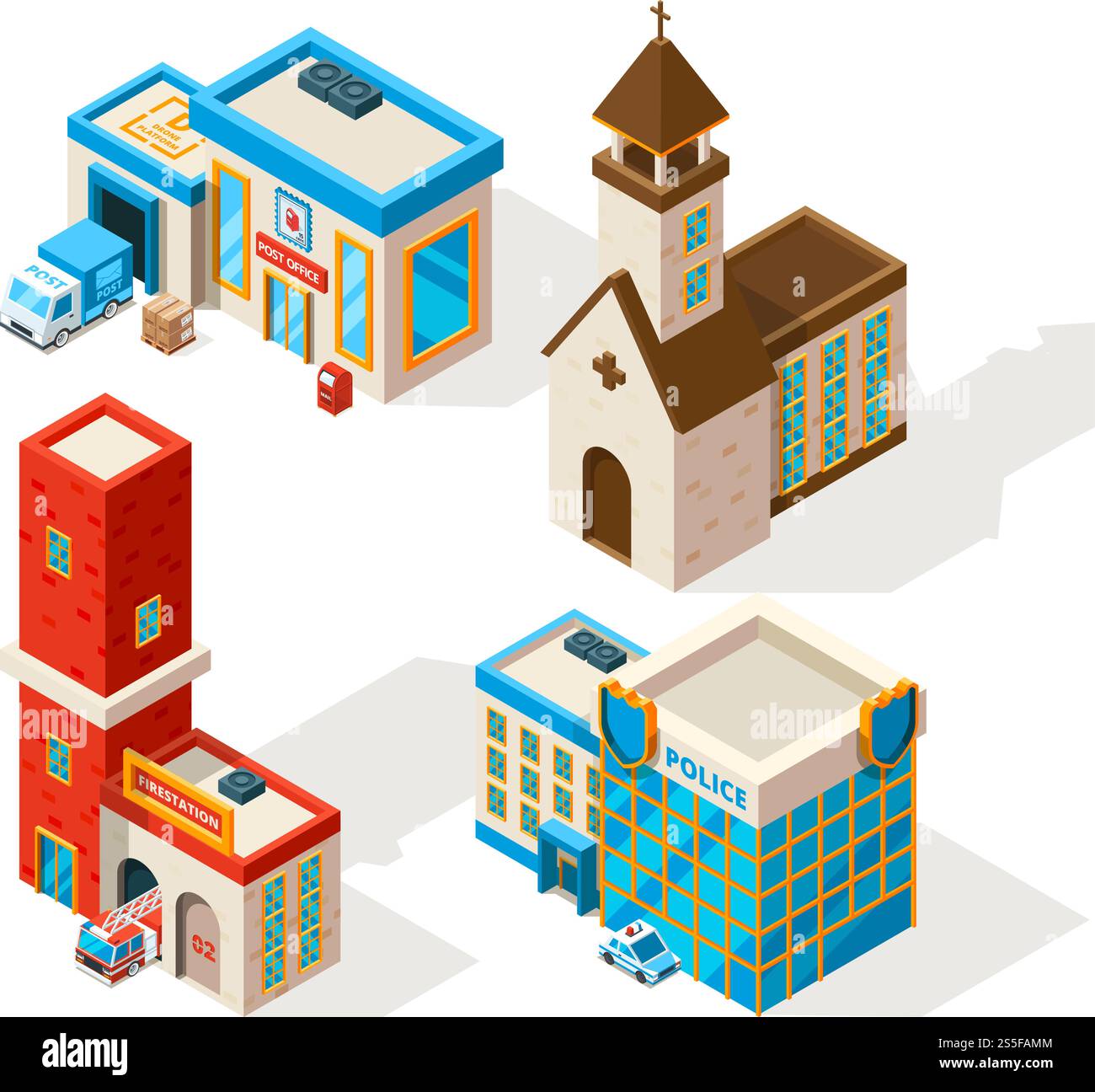 Exteriors of municipal buildings. Vector 3d pictures. Post office and ...
