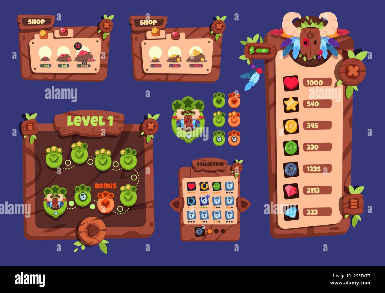 Cartoon game ui. Wooden elements and popup menu, buttons and icons. 2d ...