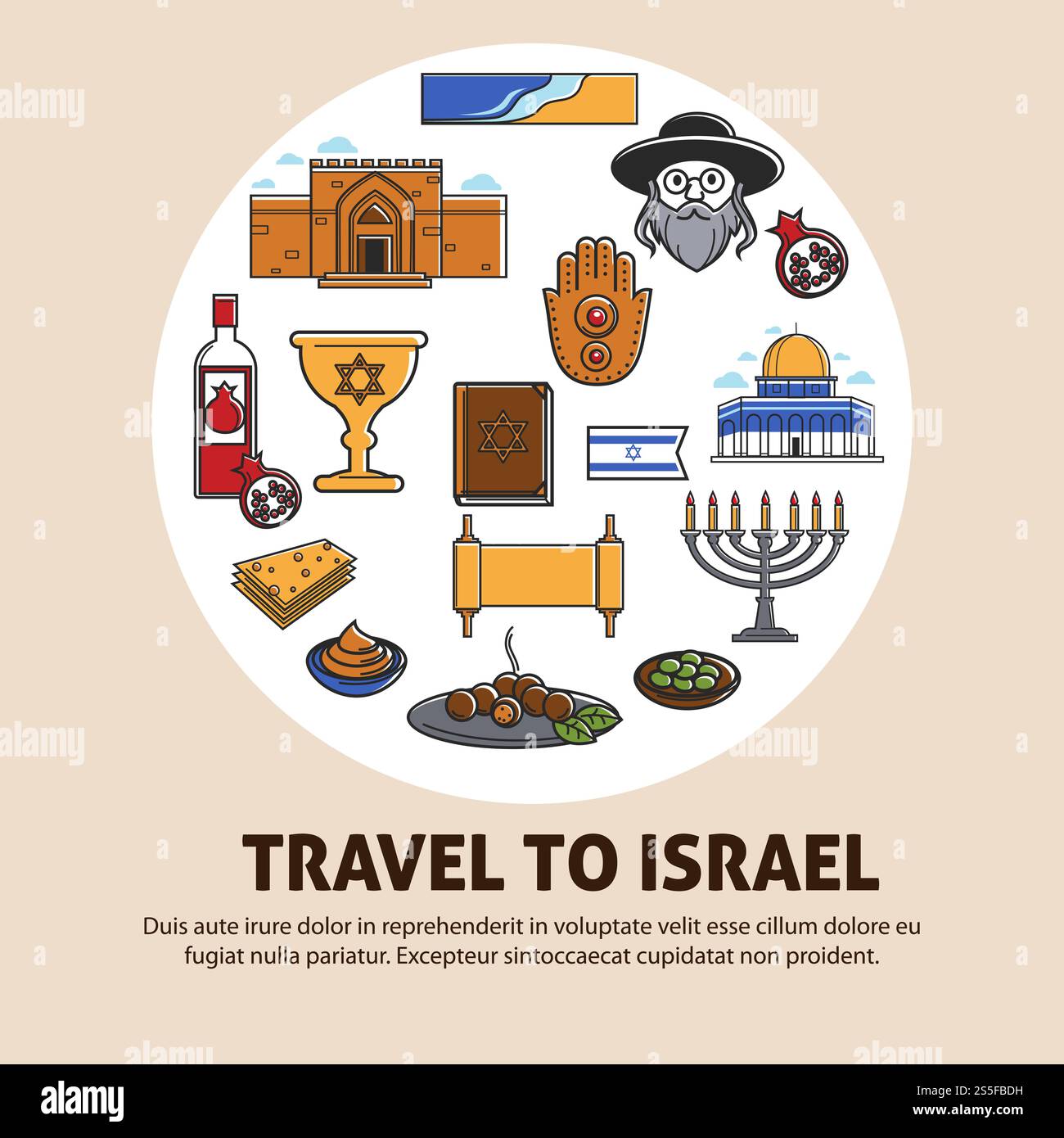 Israel travel landmarks and culture symbols. Vector poster of Israel ...