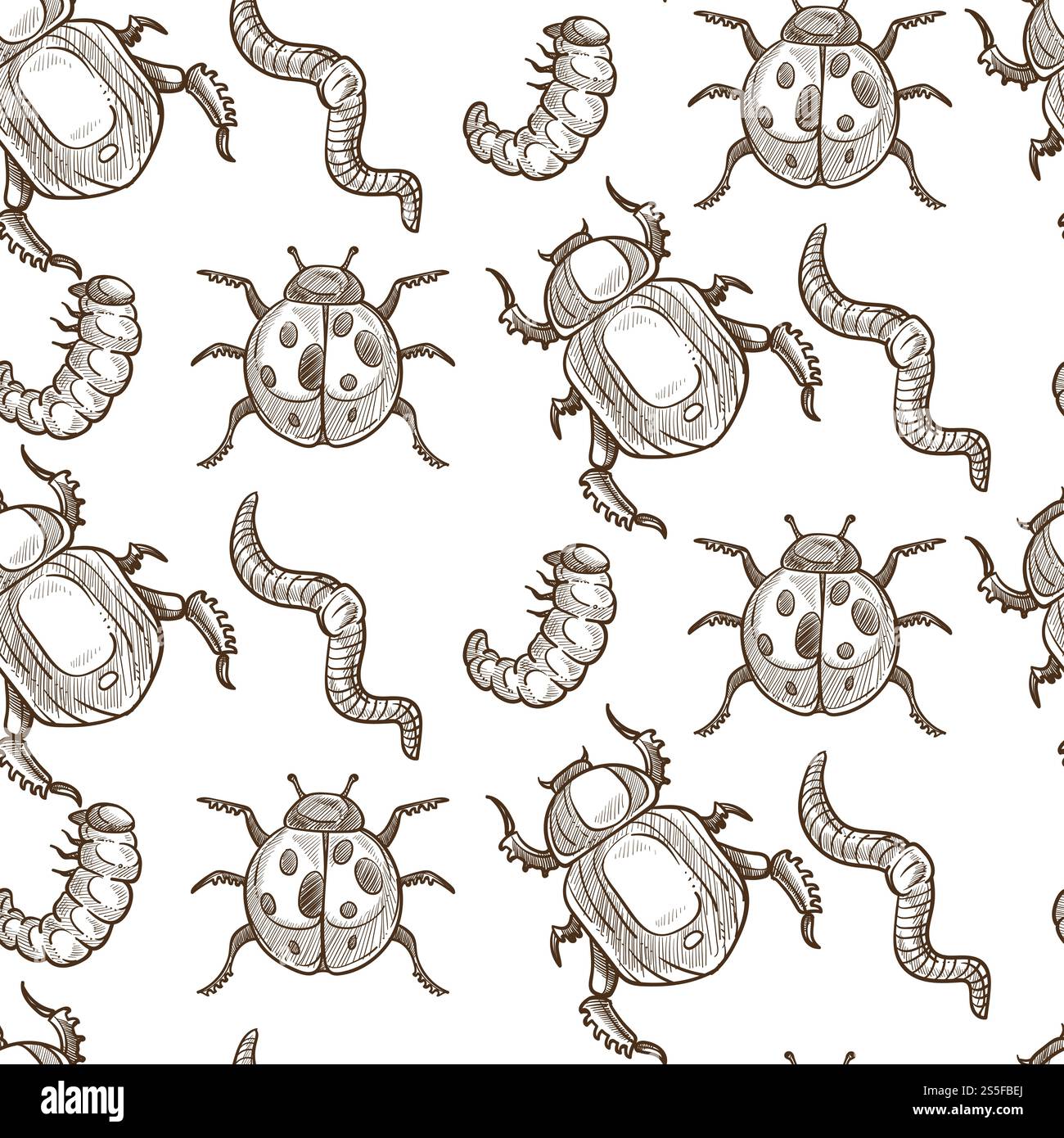 Insects that fly and creep monochrome sepia sketches seamless pattern ...