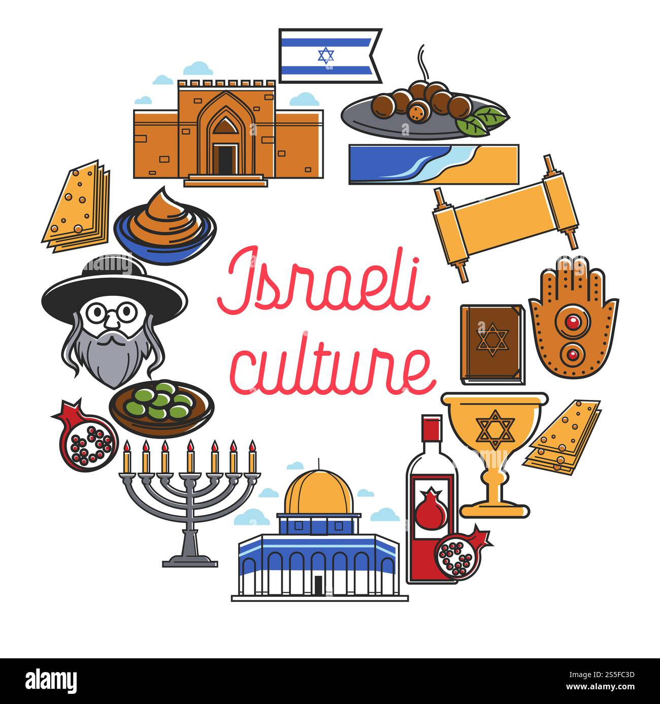 Israel travel landmarks and culture symbols. Vector poster of Israel ...