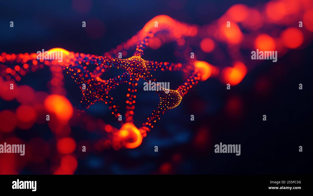 Glowing 3D molecular structures and particles in an abstract ...