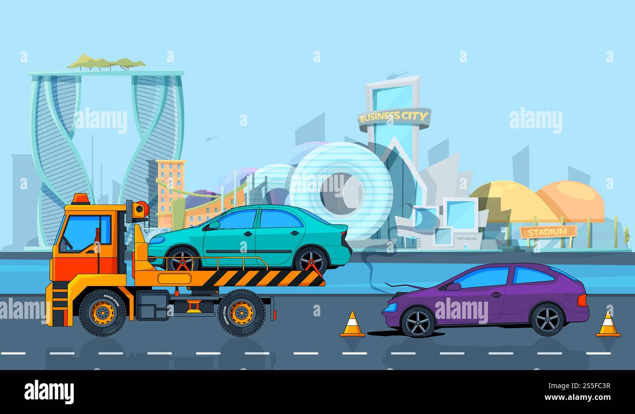 Transport accident in Urban landscape. Vector background in cartoon ...