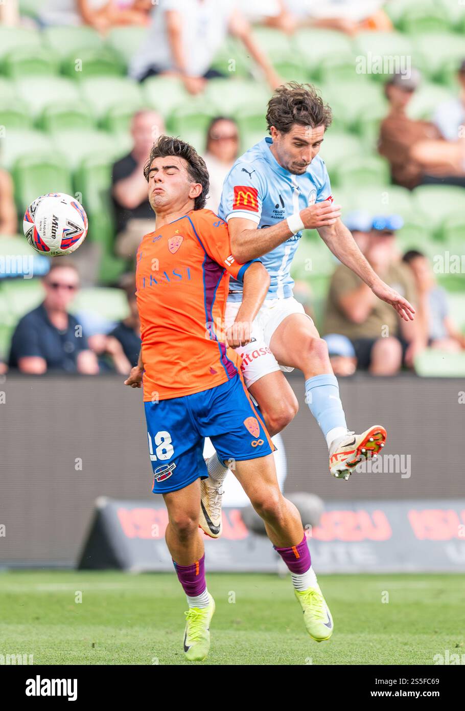 Melbourne, Australia. 11th Jan, 2025. Brisbane Roar's Jacob Brazete (L ...