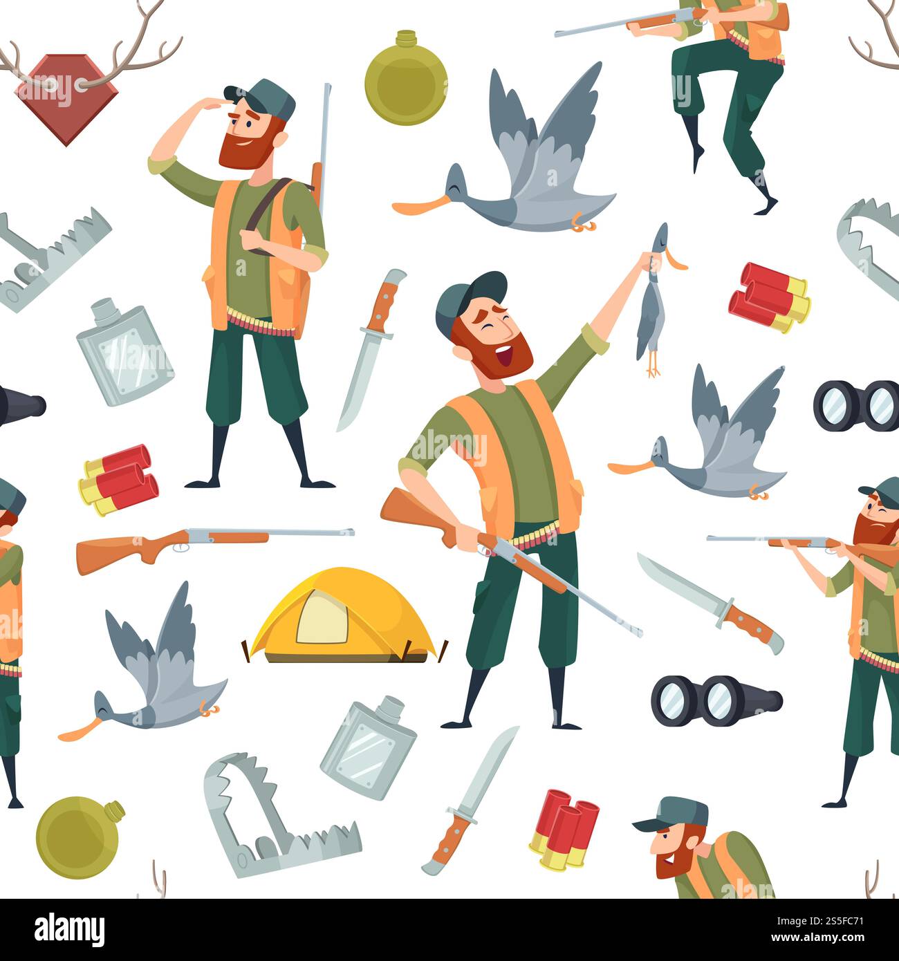 Duck hunters pattern. Seamless background with cartoon pictures and ...