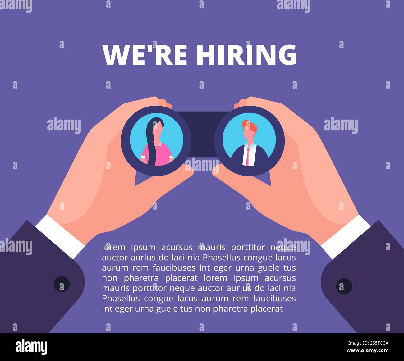 We are hiring concept. Businessman, recruiter hands holding binocular ...