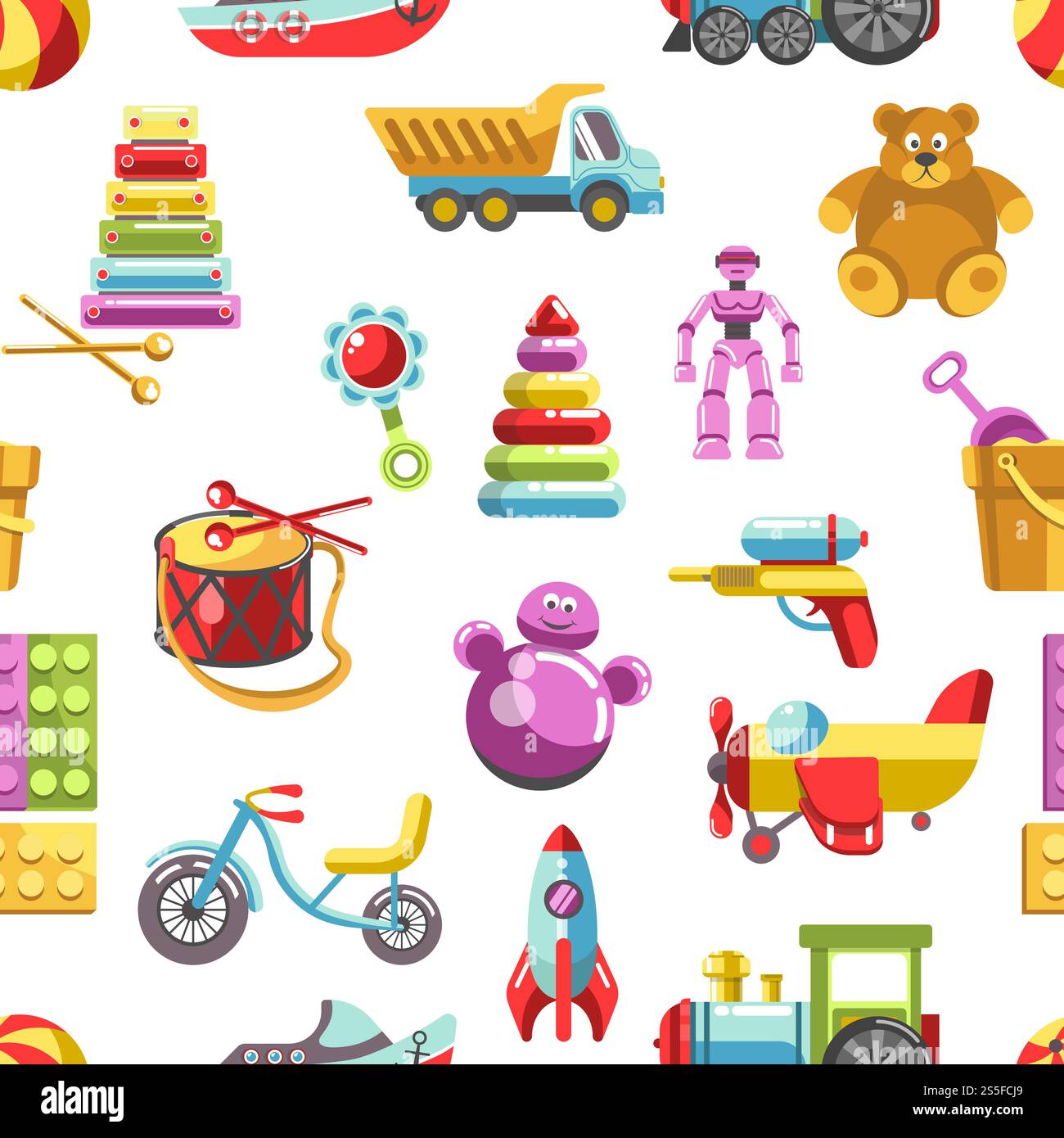 Kid toys vector icons seamless pattern. Children playthings set for ...