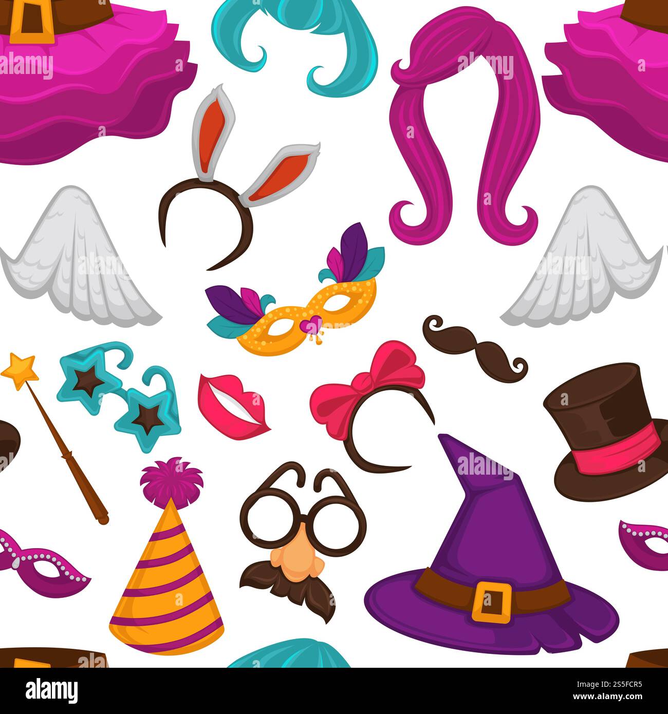 Carnival masks and costume accessories seamless pattern. Vector flat ...