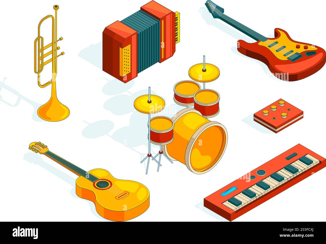 Musical instruments. Isometric pictures set of various colored musician ...