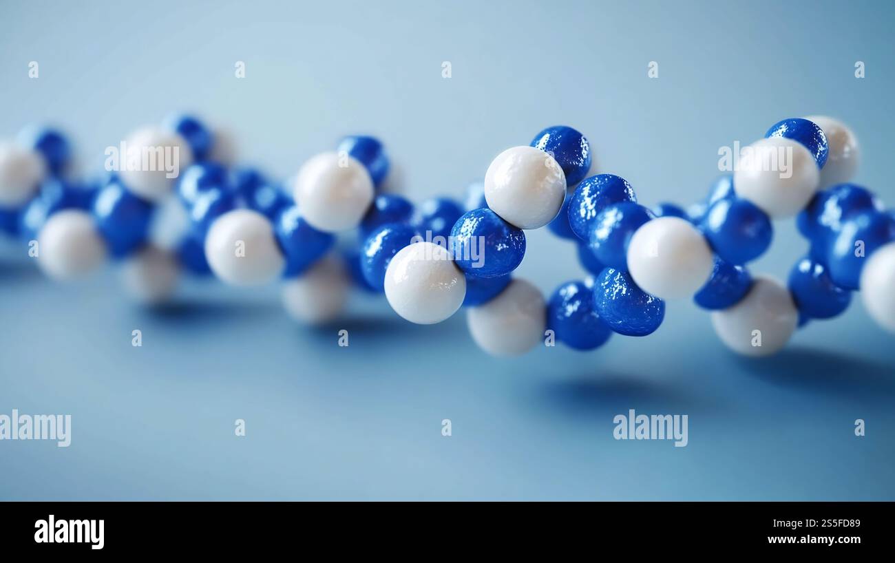 Glowing molecular structure of a peptide in deep blue and white tones ...