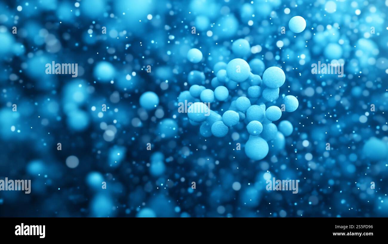 Glowing 3D rendered molecular peptide structure in deep blue and white ...