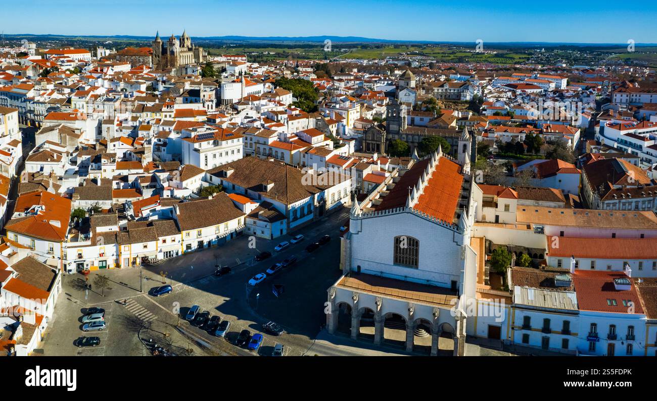 Portugal travel, medieval Evora town Unesco heritage site. Aerial ...