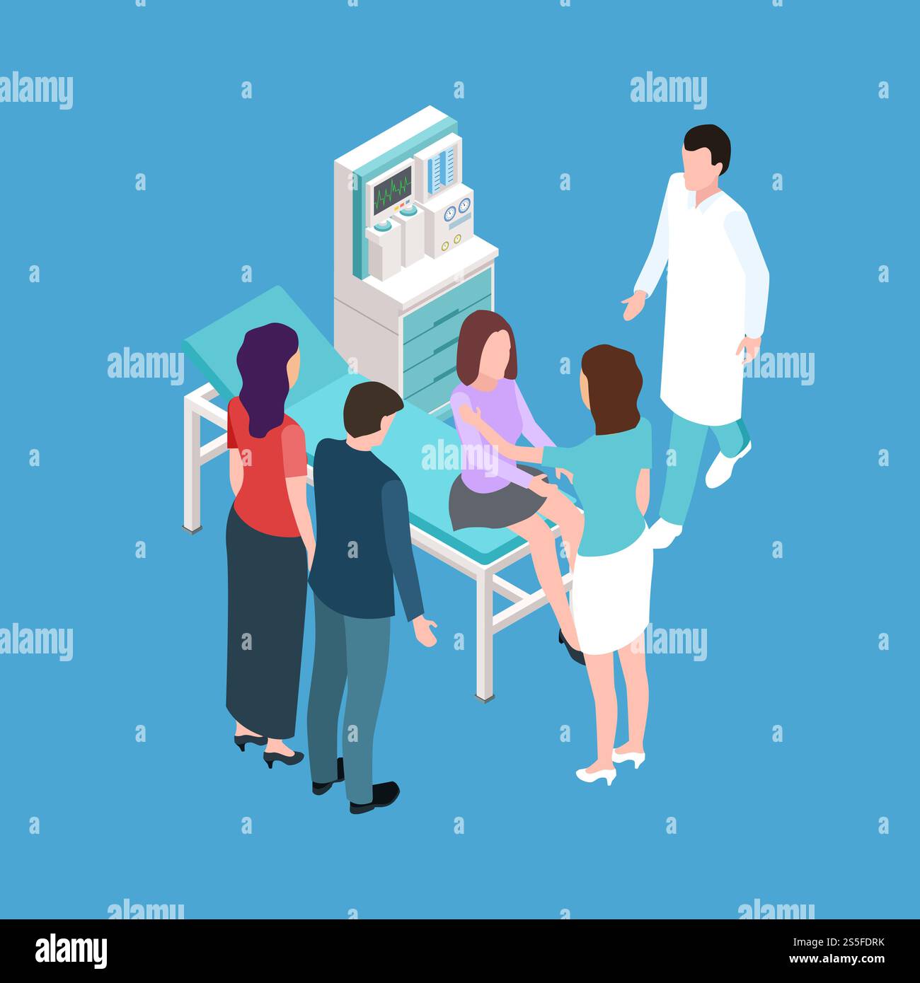 Girl teenager on medical check-up. Parents, daughter, doctors and ...