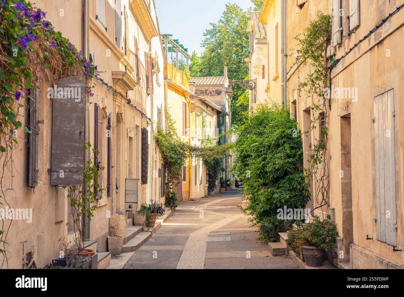 Narrow street colorful shutters historic buildings arles hi-res stock ...