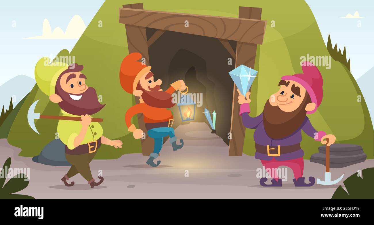 Dwarves in the mine. Vector characters of dwarves which mine golden ...