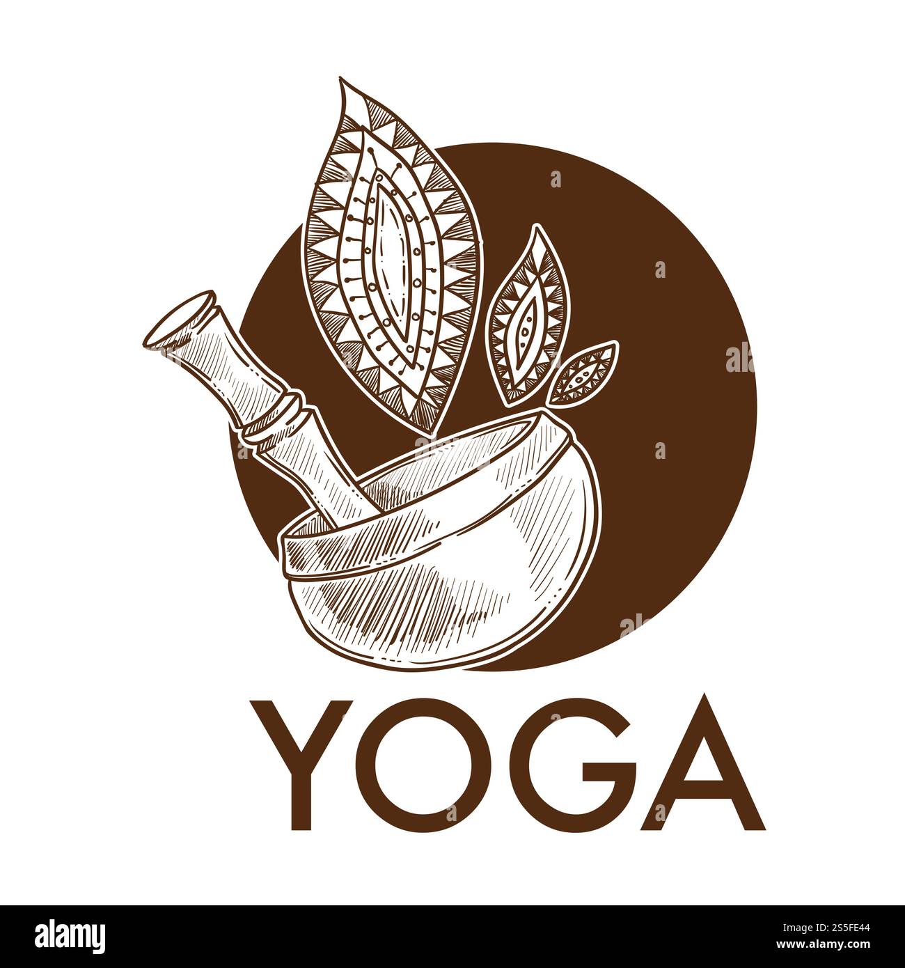 Yoga exercise practice, pot with leaves monochrome sketch outline ...